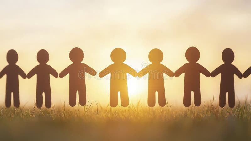 Silhouette of Paper People Holding Hands at Sunset Stock Illustration ...