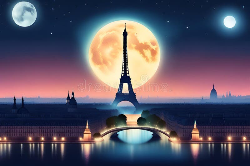 Silhouette of Paris Skyline by Night with the Full Moon and Stars in ...