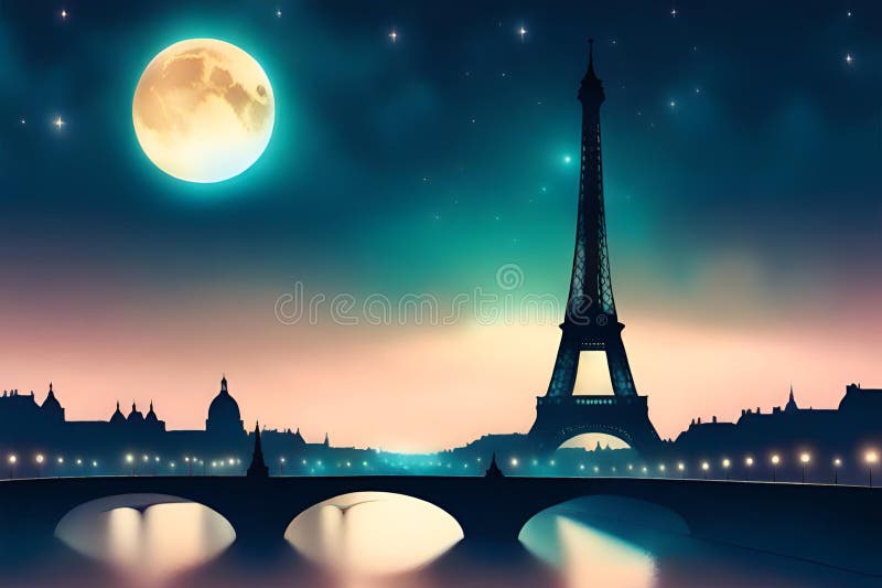 Silhouette of Paris Skyline by Night with the Full Moon and Stars in ...