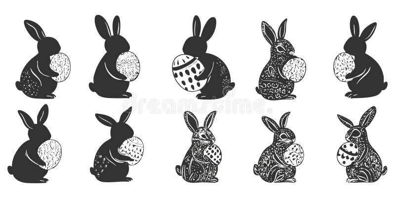 Silhouette and Patterned Rabbits with Easter Eggs in Black and White ...