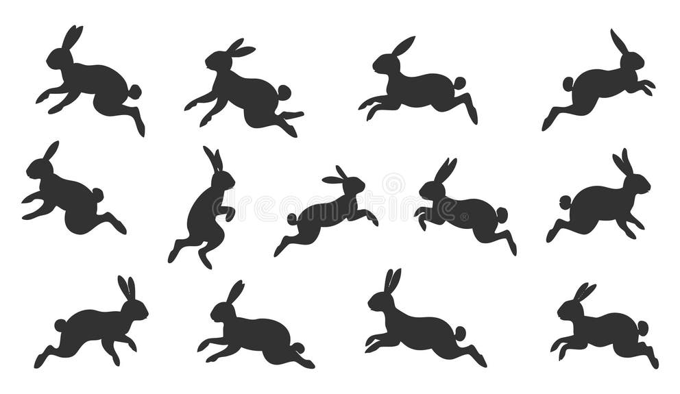 Silhouette Patterns of Hopping and Running Rabbits in Motion Stock ...
