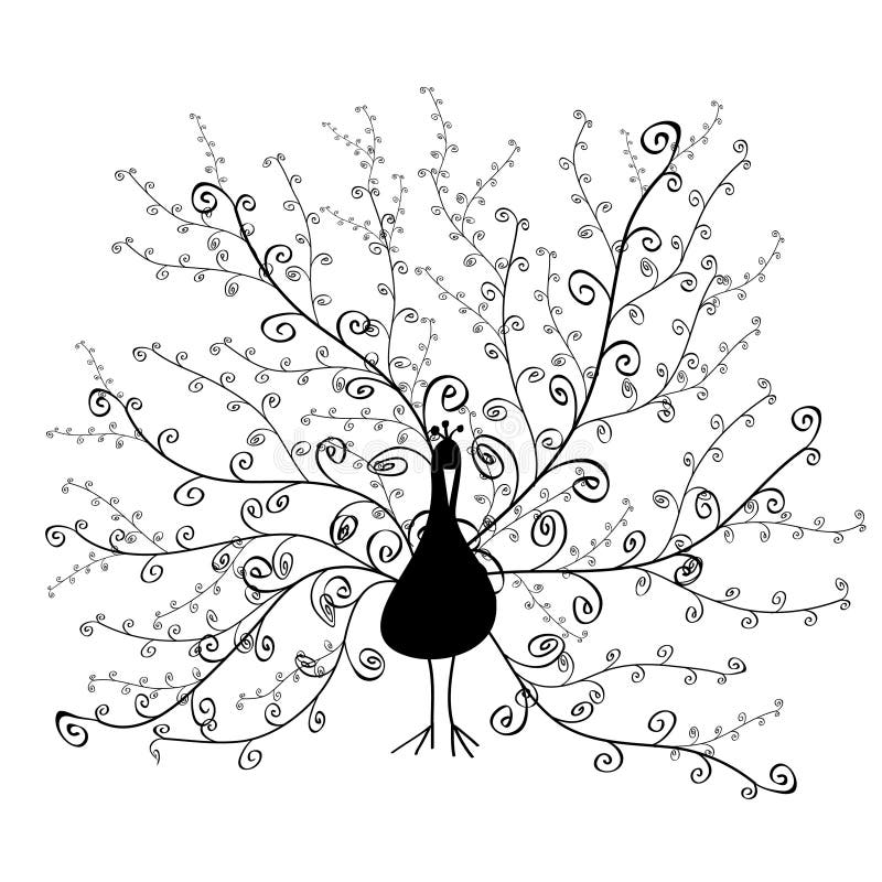 Silhouette of Peacock with Ornamental Spiral Tail Stock Illustration ...