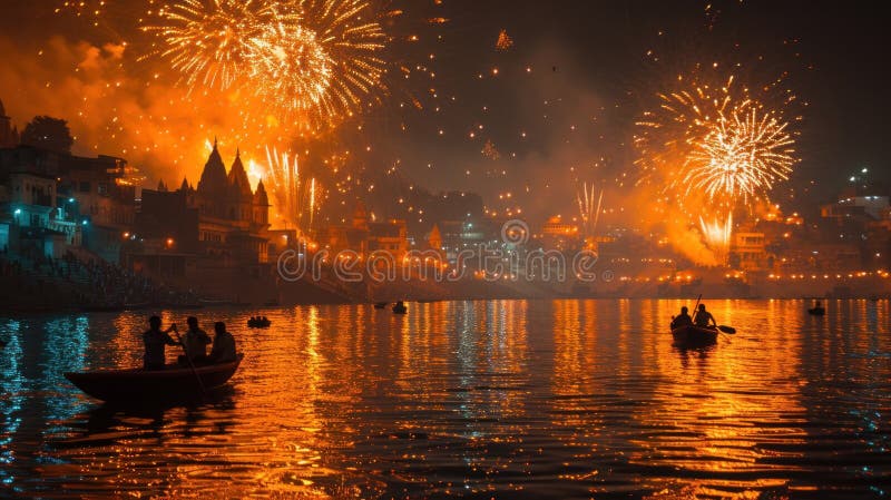 Silhouette of People Boating for Watching Fire Works on in the Sky ...