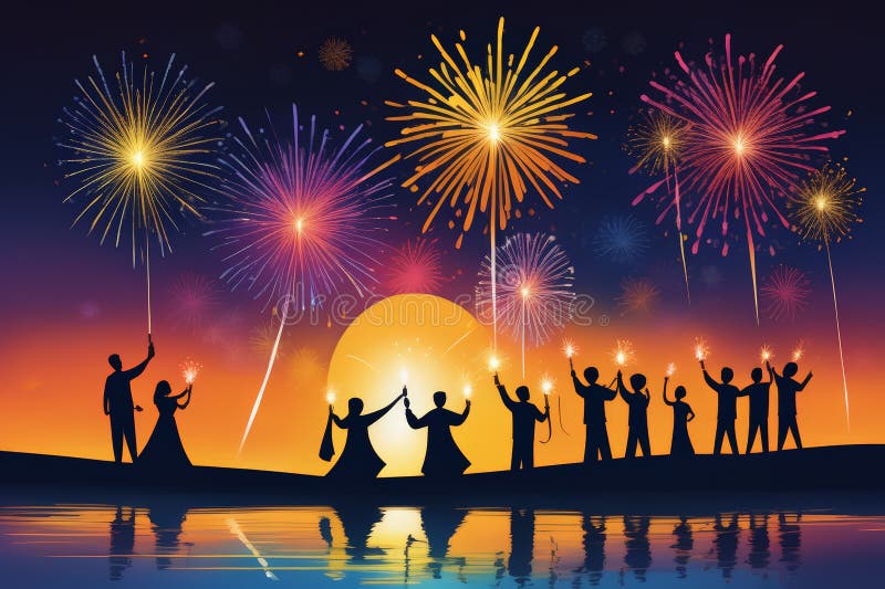 Silhouette of People Dancing on the Fireworks Stock Illustration ...