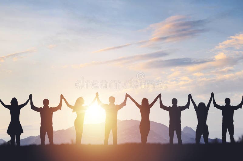 Silhouette People Holding Hands Against Sunset Background Concept Peace ...