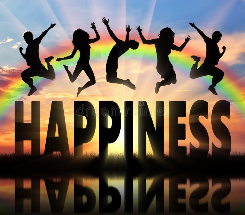 Silhouette People Jumping Over the Word Happiness Stock Photo - Image ...