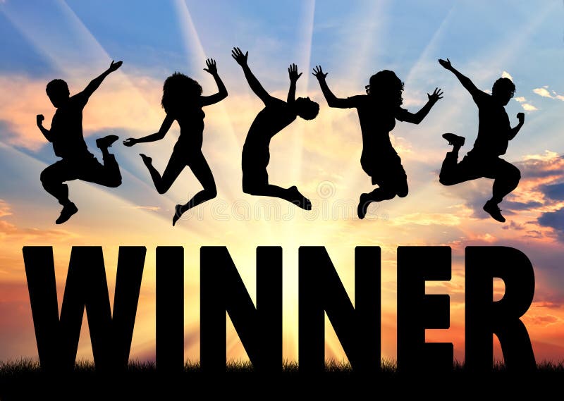 Silhouette People Jumping Over Word Winner Stock Photo - Image of ...