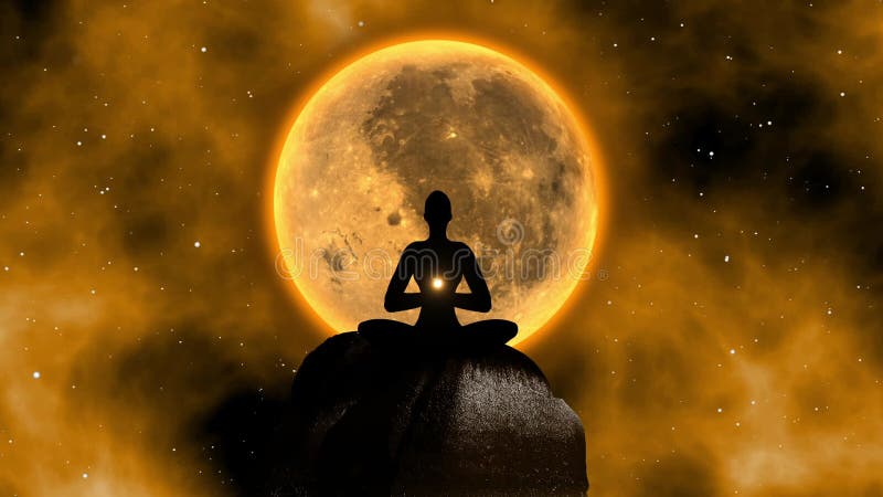 Silhouette of People Meditating on a Rock on a Full Moon Night Stock ...