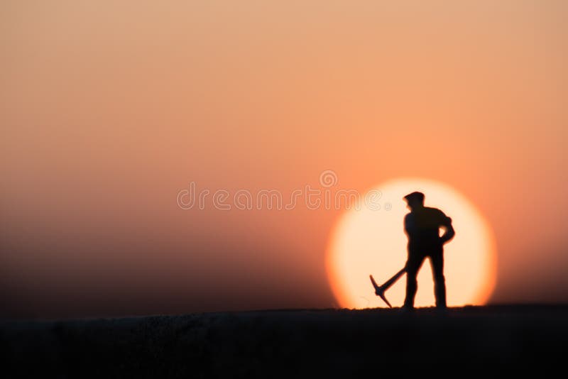 Silhouette People Mining on Sky Sunset Background. Stock Image - Image ...