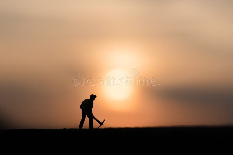 Silhouette People Mining on Sky Sunset Background. Stock Photo - Image ...