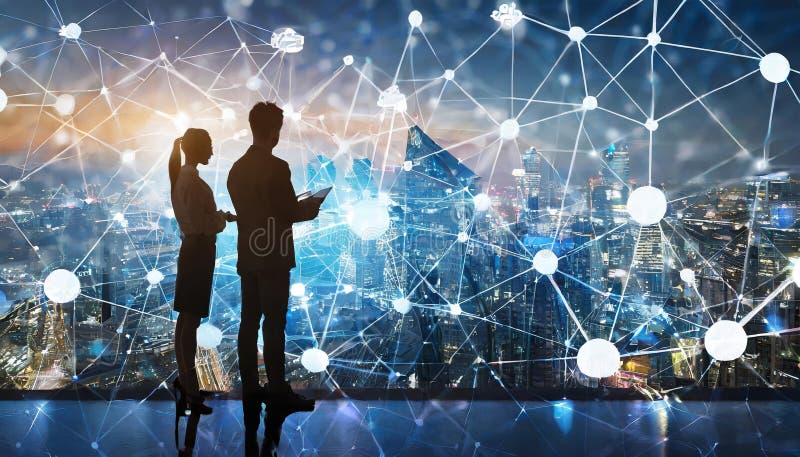 Silhouette of People Observing a Cityscape with Network Connections ...