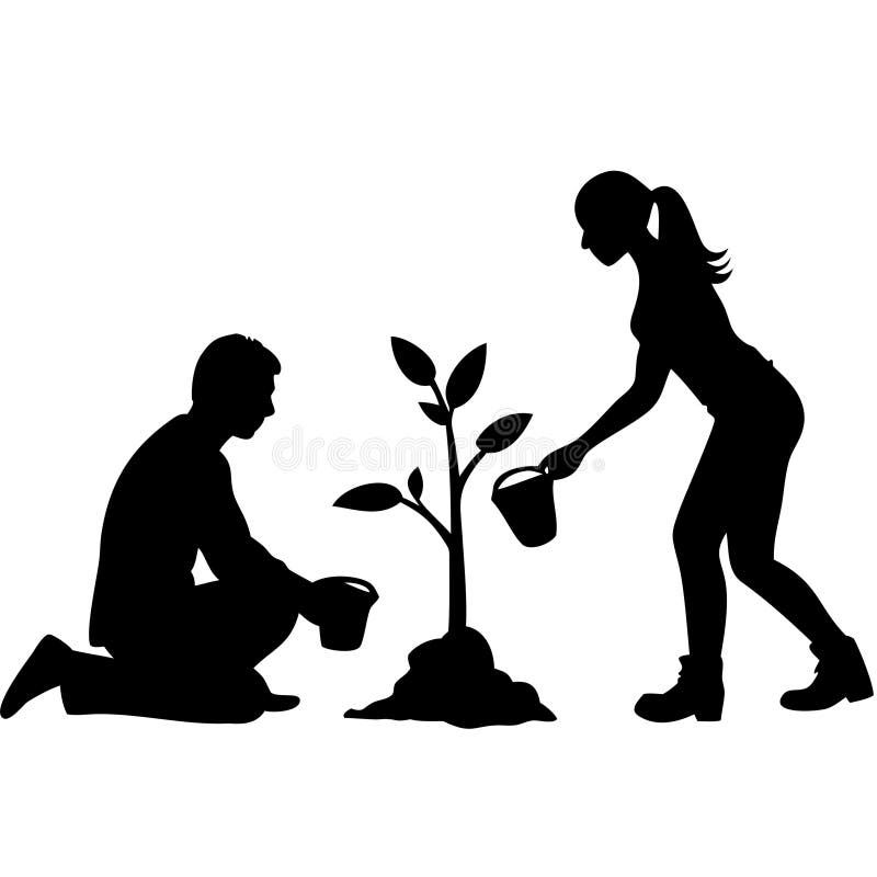 Silhouette of People Planting Tree Vector Illustration for ...