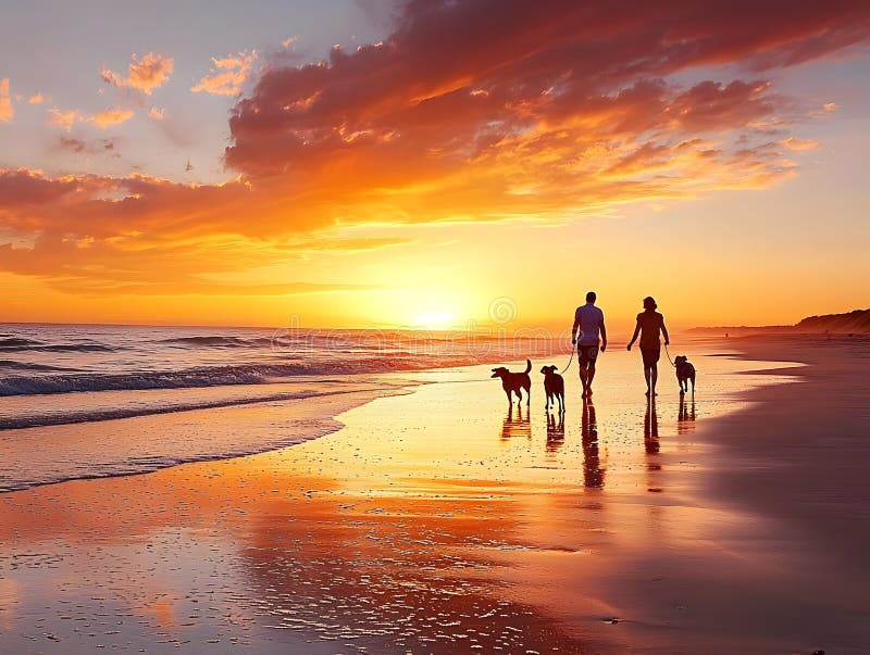 Silhouette of People Walking Dogs on Beach at Sunset Stock Illustration ...