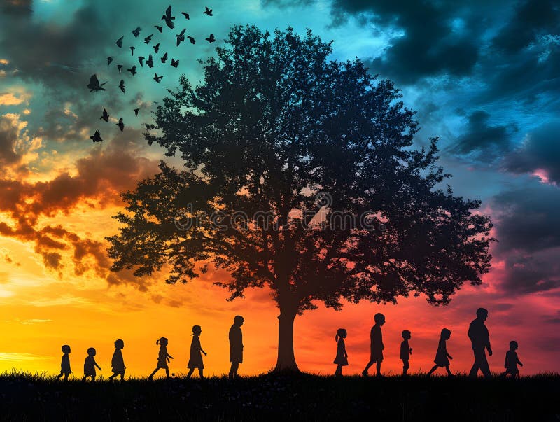 Silhouette of People Walking Under a Colorful Sunset Sky Stock ...