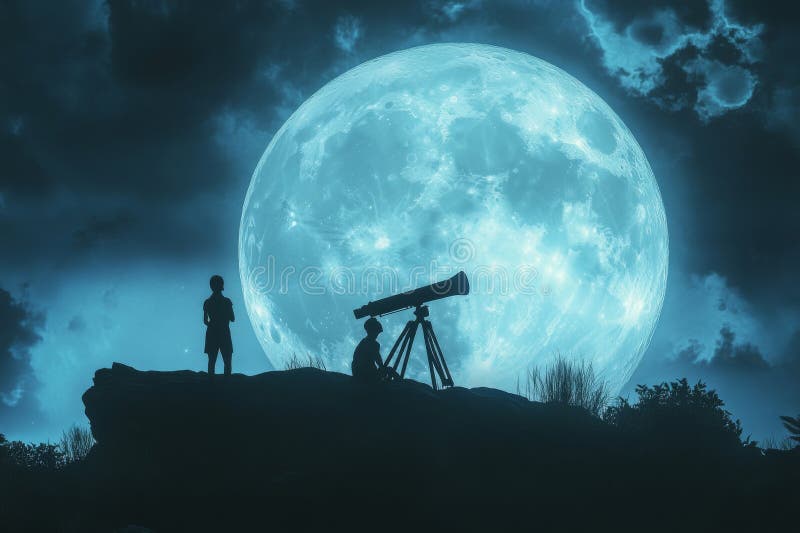 Silhouette of People Watching Giant Moon with Telescope. Generative AI ...