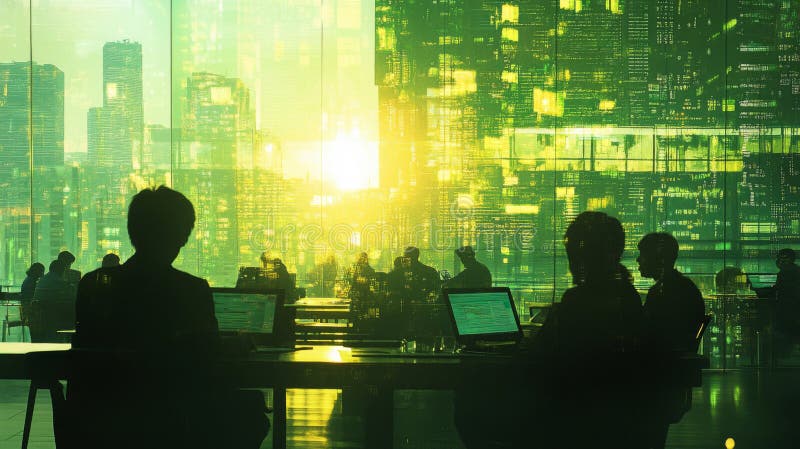 Silhouette of People Working on Computers at Sunset in Futuristic Green ...