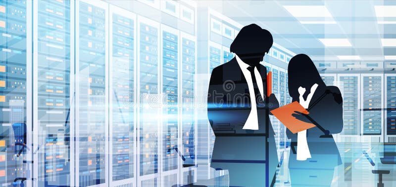 Silhouette People Working in Data Center Room Hosting Server Computer ...