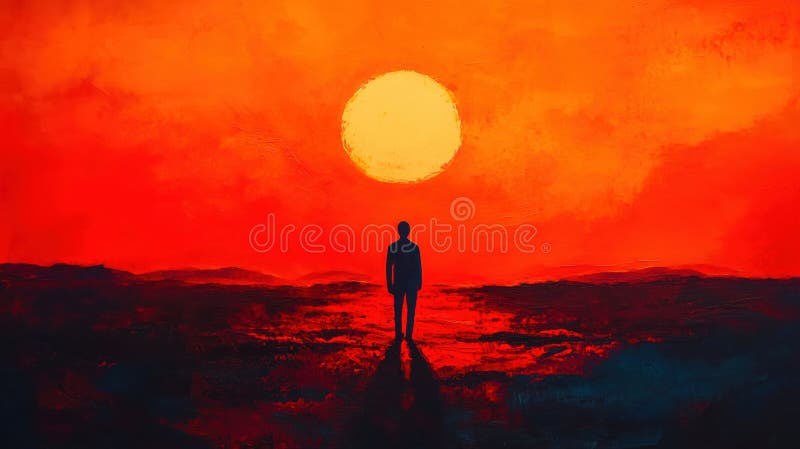 Silhouette of a Person Against a Vibrant Sunset in a Dramatic Landscape ...
