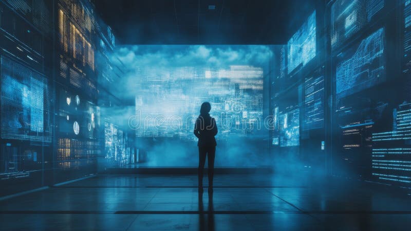 Silhouette of Person Amidst Glowing Blue Digital Cityscape Stock ...