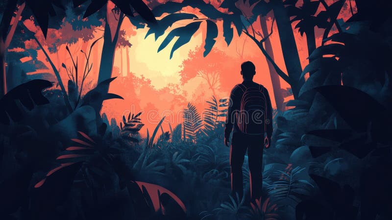 A Silhouette of a Person with a Backpack Standing in a Lush, Tropical ...