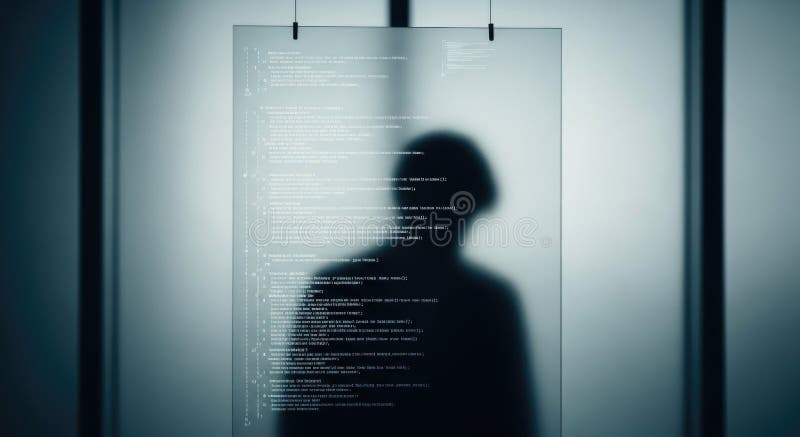 Silhouette of Person Behind Transparent Screen with Code Against Blue ...