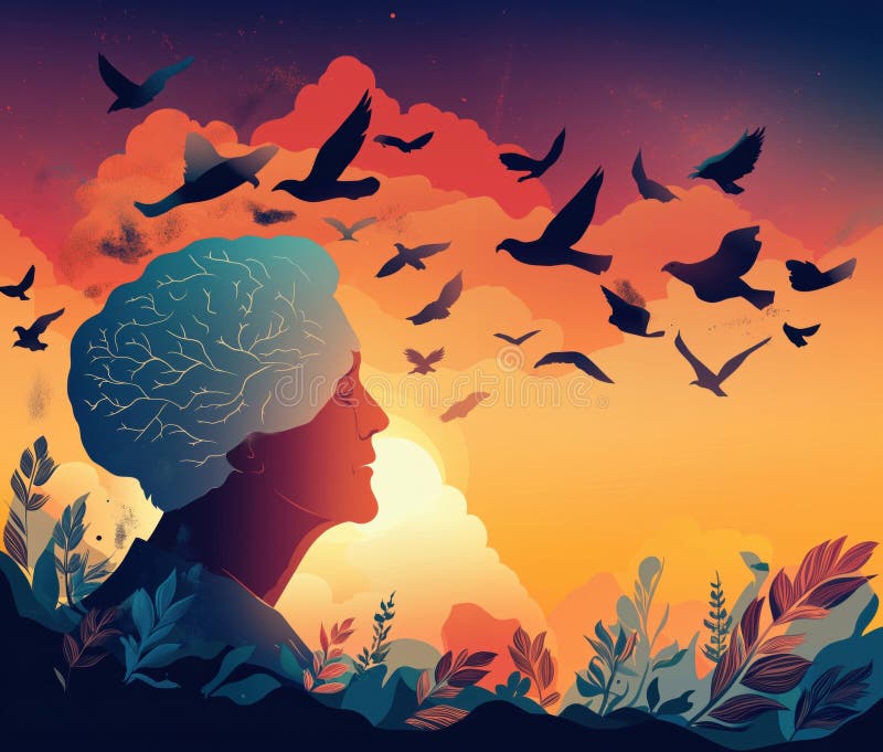 Silhouette of a Person with a Brain Made of Clouds and Birds Flying at ...