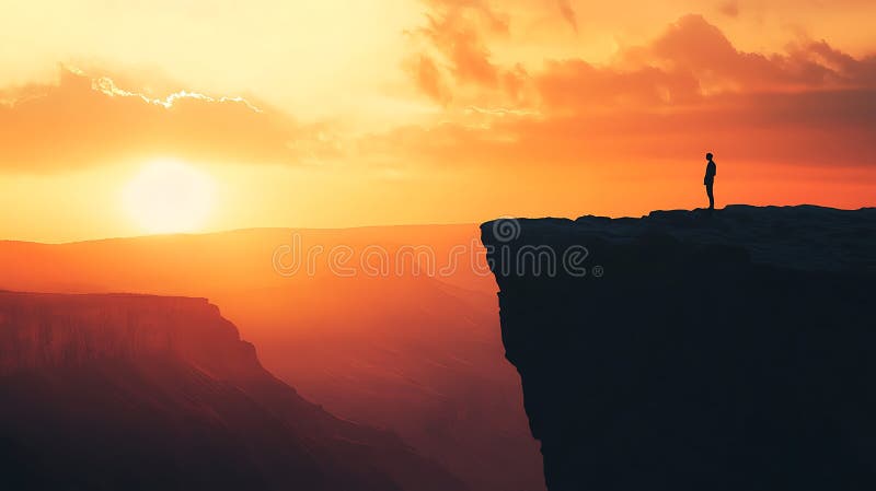 Silhouette of a Person on a Cliff during a Stunning Sunset Stock ...