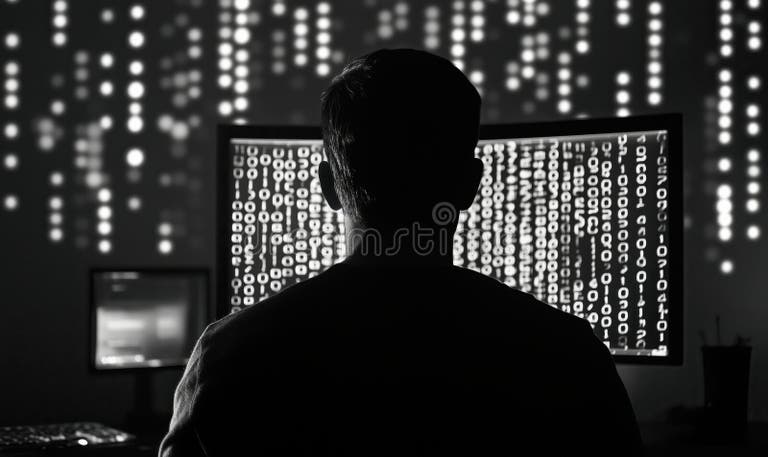 Silhouette of Person Coding in Dark Room, Binary Code Displayed on ...