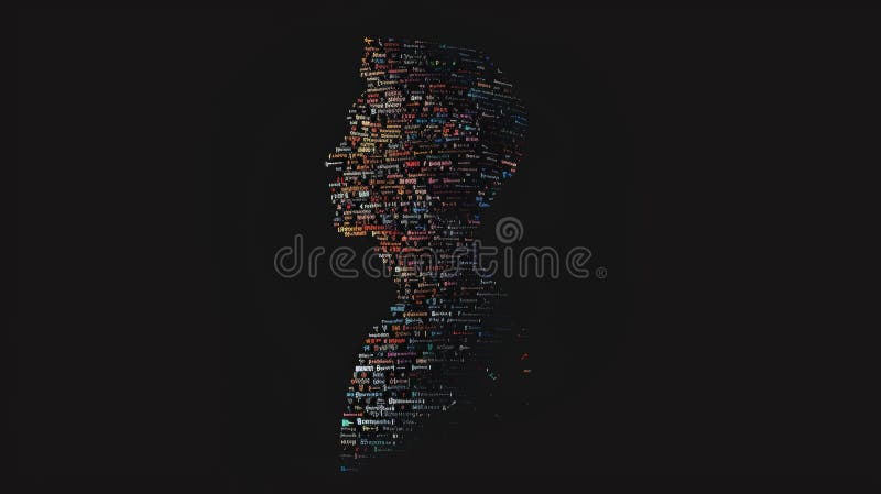 Silhouette of a Person Composed of Computer Code on a Black Background ...
