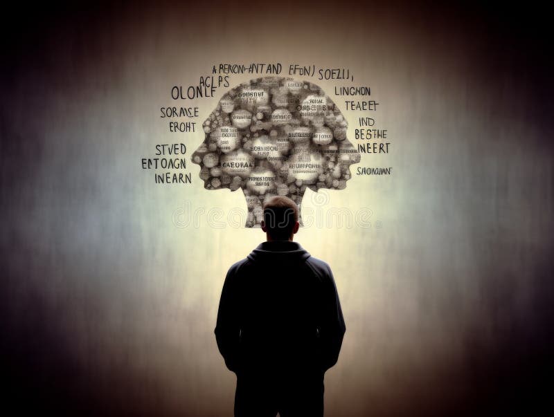 Silhouette of a Person Contemplating a Thought Map Projection with ...