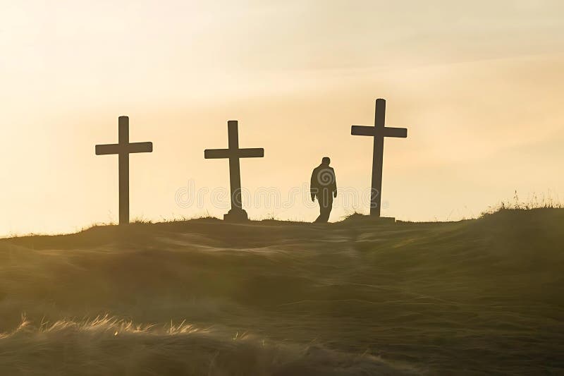 Silhouette of a Person with a Cross in the Sky Stock Illustration ...