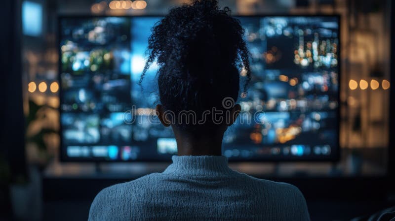 Person with Curly Hair Facing Multiple Computer Screens Displaying Data ...