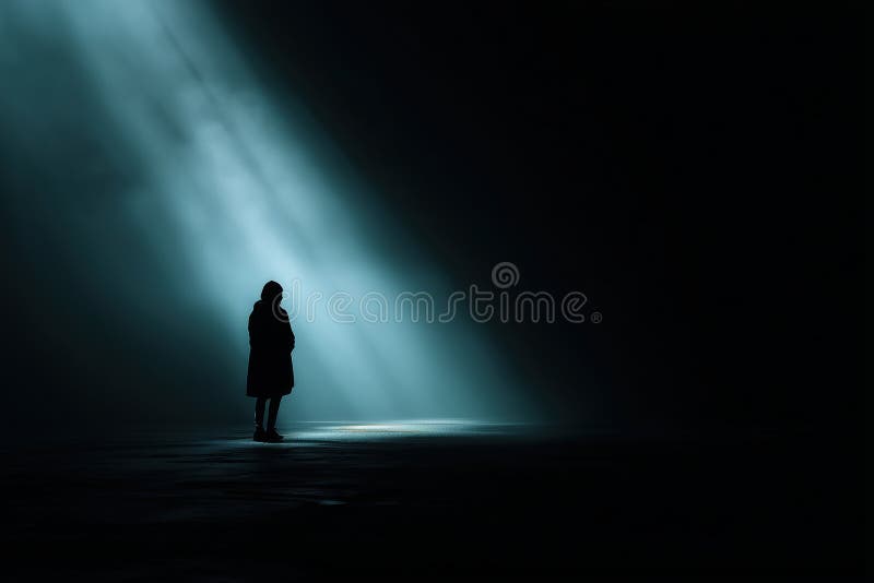 Silhouette of a Person in a Dark Setting Illuminated by a Single Beam ...