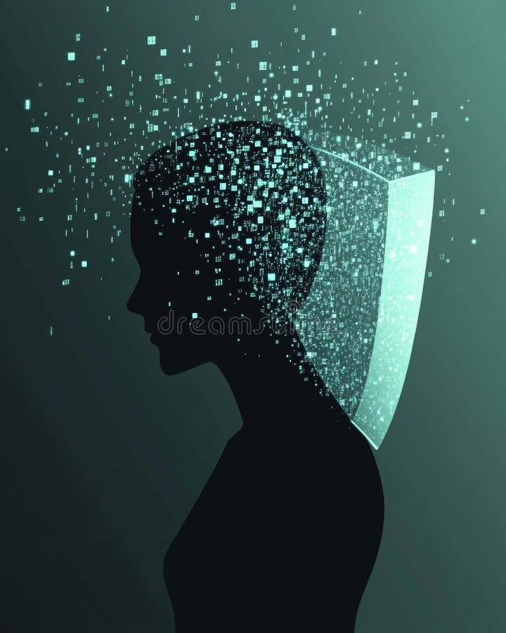 Silhouette of a Person with Digital Data Flowing into a Shield in a ...