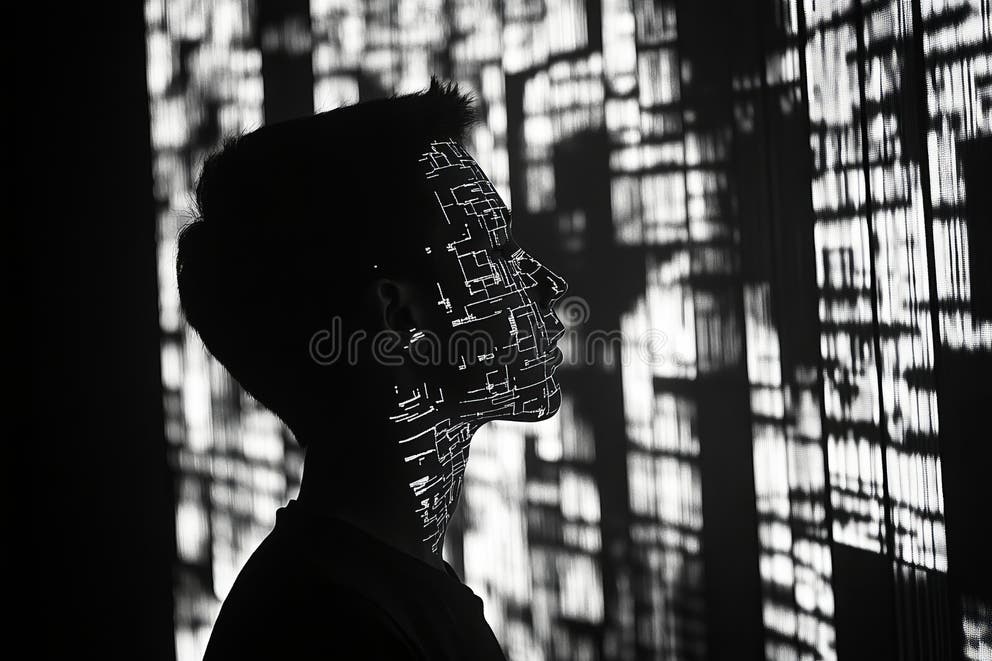 Silhouette of a Person with Digital Patterns Projected on Face in a ...