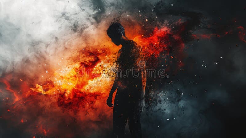Silhouette of Person Dissolving in Fiery and Smoky Explosion Stock ...