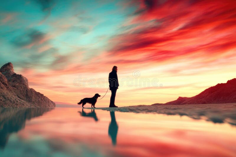 Silhouette of Person and Dog on Beach at Vibrant Sunset with Reflection ...