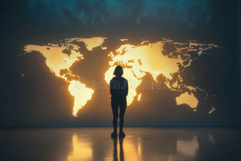 Person Stands before a Glowing World Map in an Open Space with Minimal ...