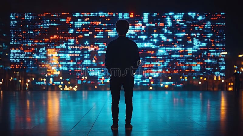 Silhouette Person Facing Digital Display, City Lights Background Stock ...