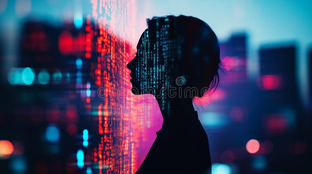 Silhouette of a Person Facing a Digital Projection of Blue Binary Code ...