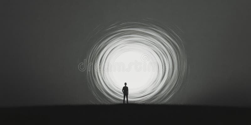 Silhouette of Person Facing Swirling Vortex Light Portal at Night Stock ...