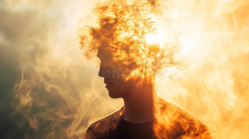 Silhouette of a Person with Flames and Smoke in the Background Stock ...