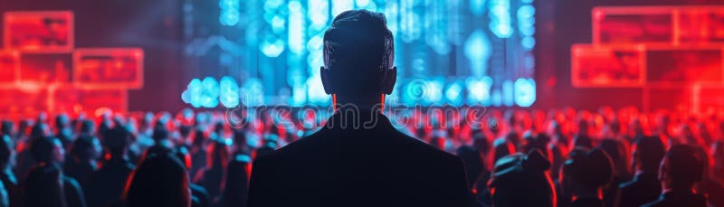 Silhouette of a Person in Front of a Large Crowd at a Vibrant Tech ...