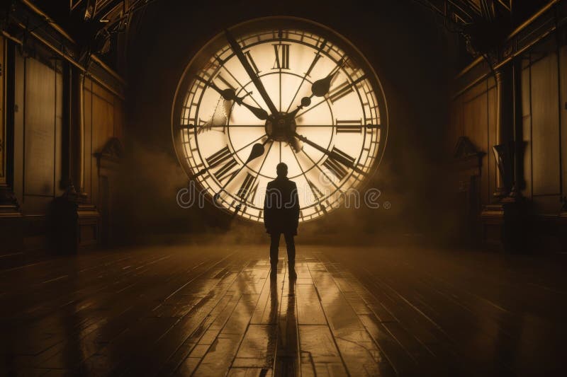 Silhouette of Person in Front of Large Illuminated Clock Stock Image ...