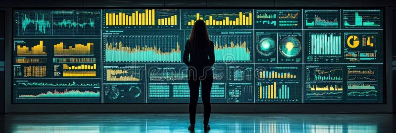 Silhouette of a Person in Front of a Large Video Wall with Financial ...