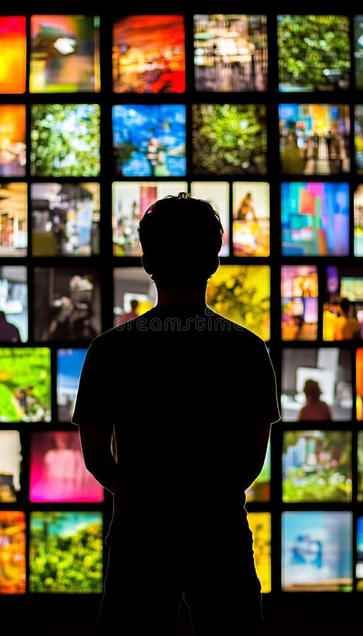 Silhouette of a Person in Front of Wall of Digital Screens, Technology ...