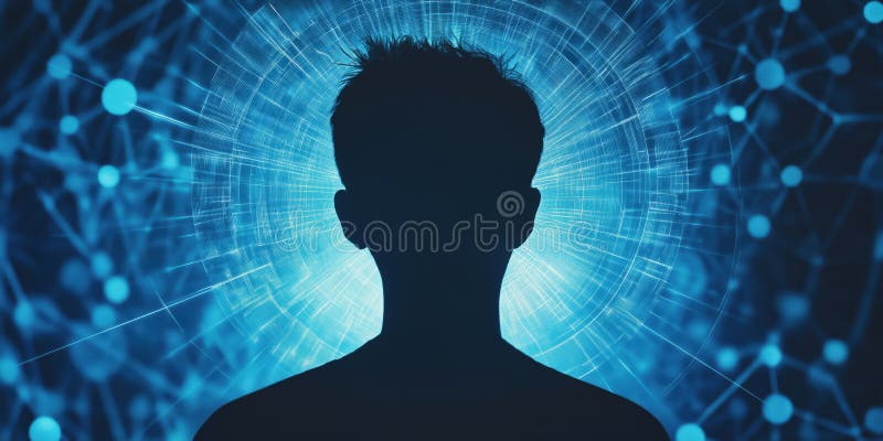 Silhouette of a Person with Glowing Blue Neural Network Background ...