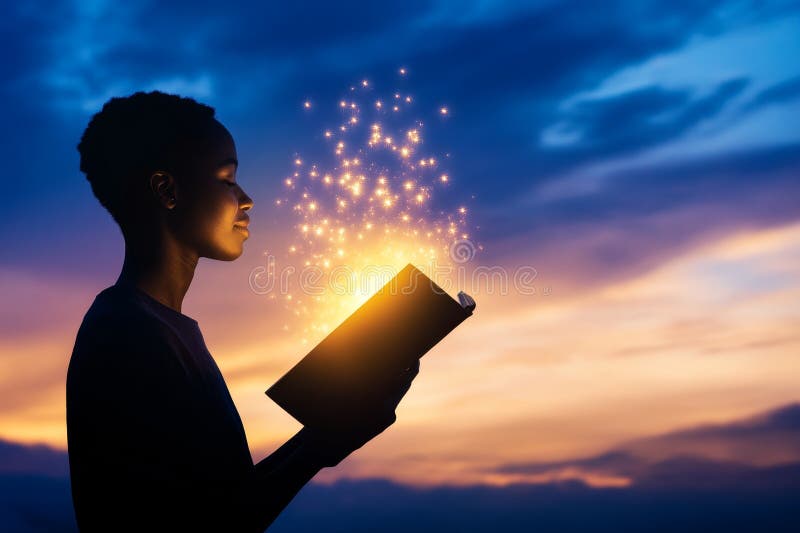 A Silhouette of a Person Holding a Glowing Book at Sunset Knowledge ...