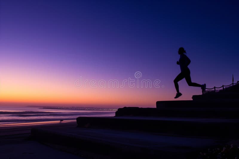 Silhouette of Person Jogging on Beach Steps at Dawn Stock Photo - Image ...