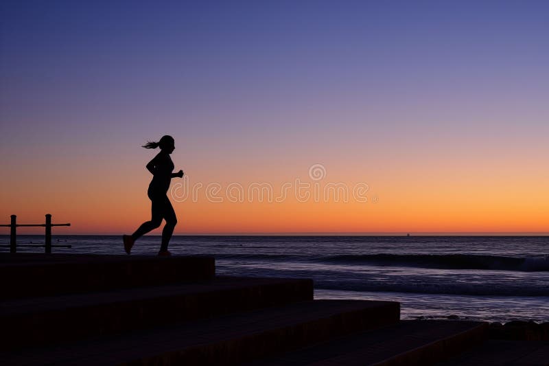 Silhouette of Person Jogging on Beach Steps at Dawn Stock Image - Image ...
